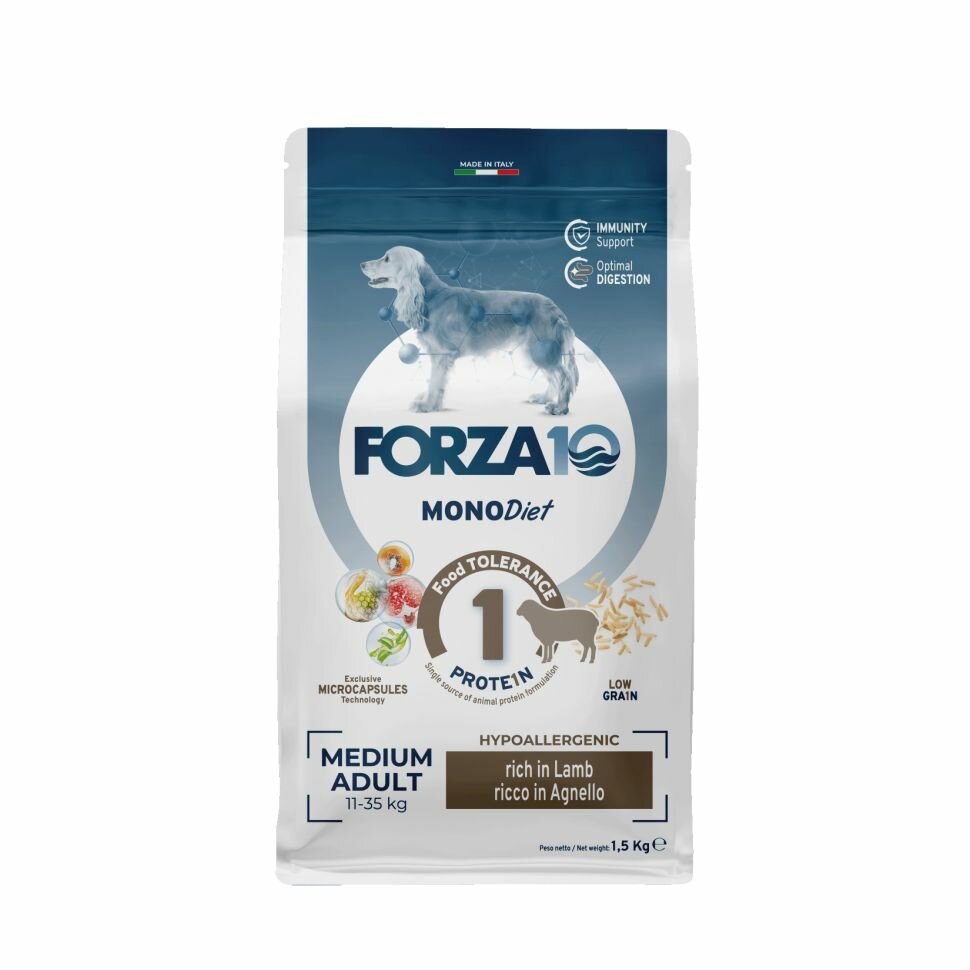Forza10 Medium Diet сухой корм для взрослых собак средних пород из ягненка с микрокапсулами - 1,5 кг