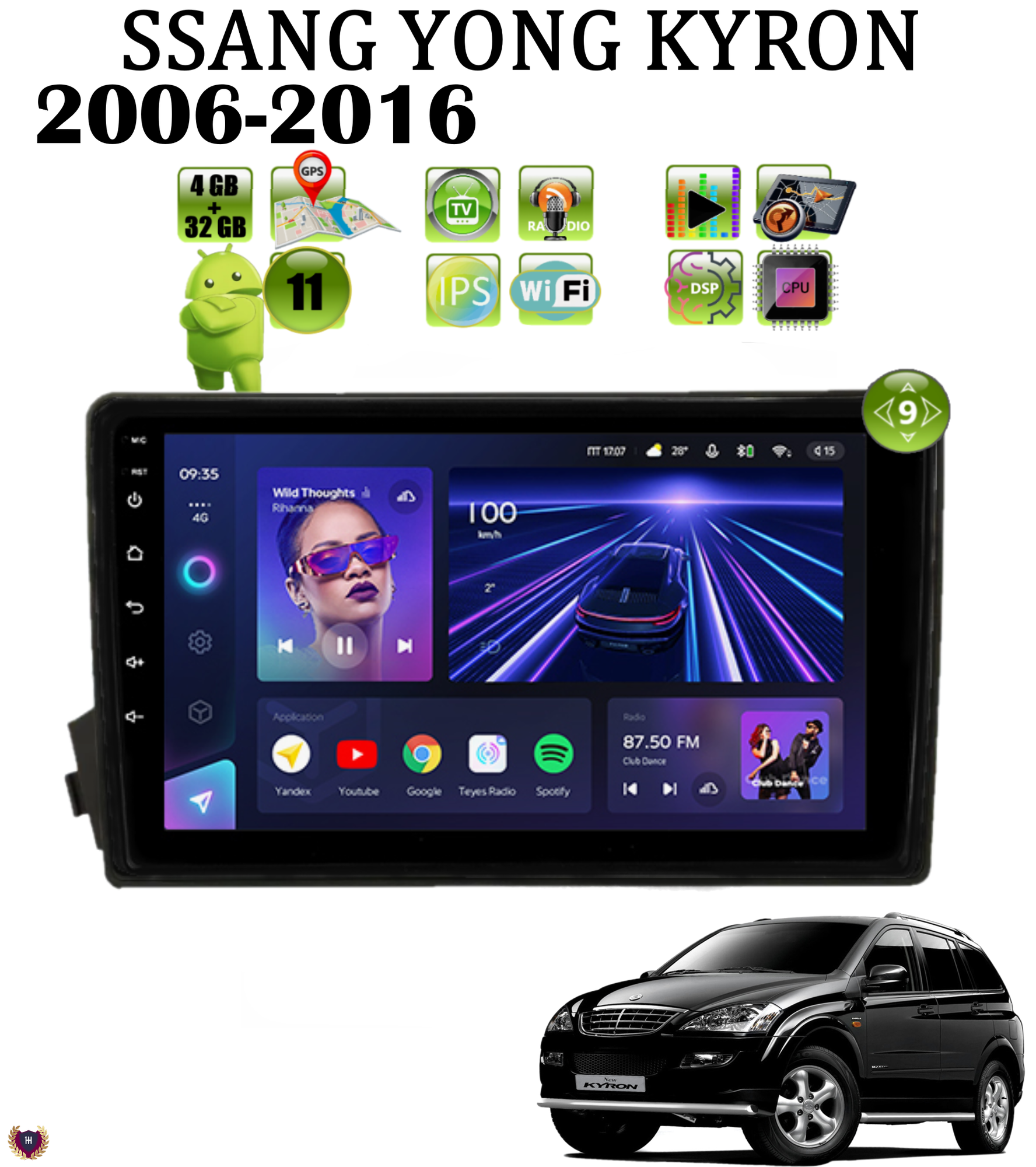Автомагнитола для Ssang Yong Kyron (2006-2016), Android 11, 4/32 GB, Bluetooth, WiFi, CarPlay, разделение экрана, поддержка кнопок на руле, сенсорные кнопки