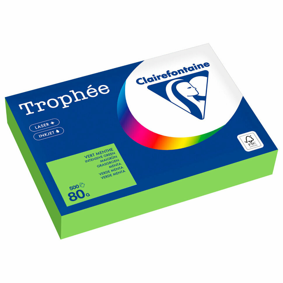 Бумага цветная CLAIREFONTAINE, А4, 80 г/м2, 500 л, интенсив, ярко-зеленый, Франция, 1875C, 1875PC, 116720