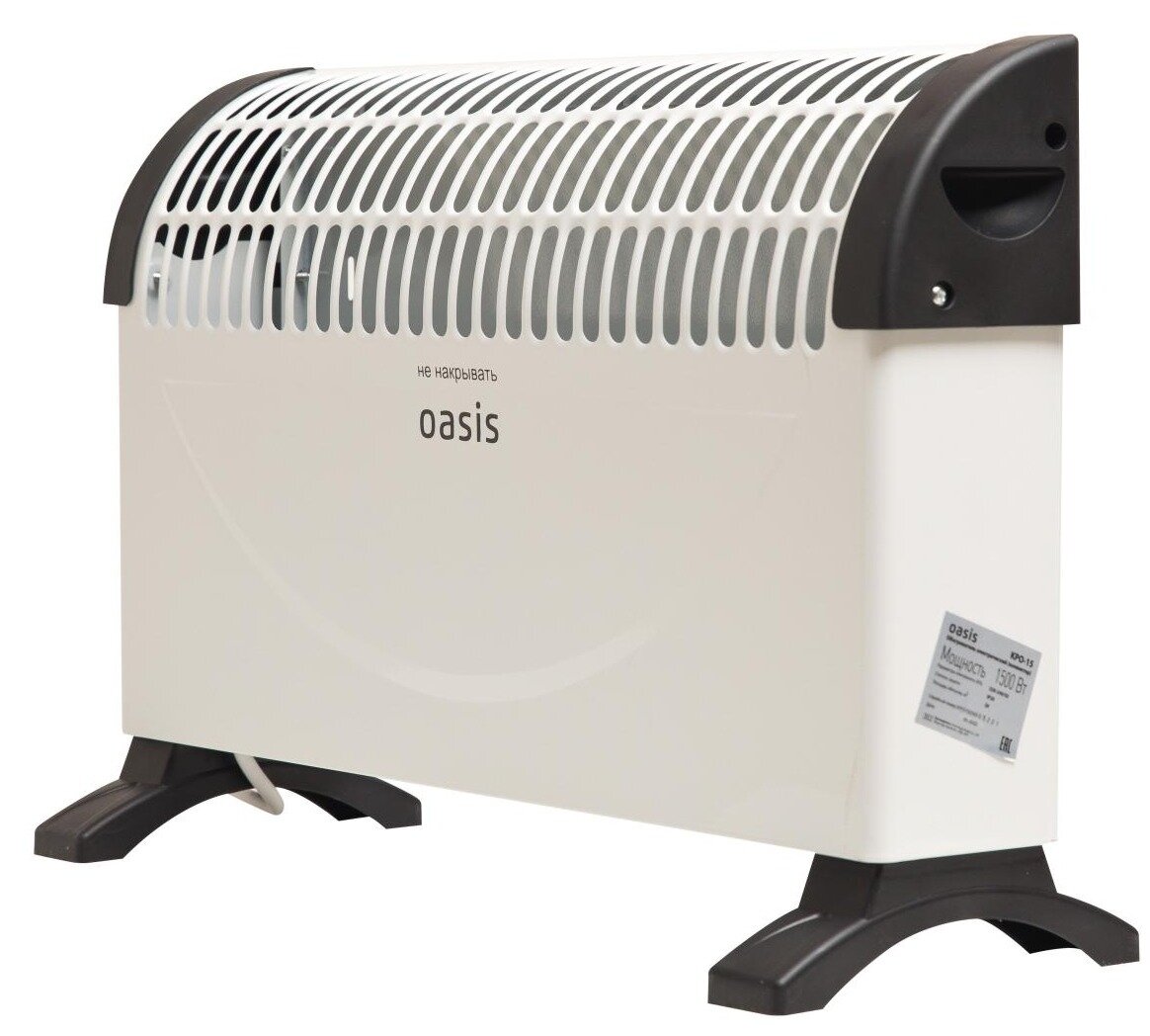Конвектор электрический Оазис KPO-15 650/850 в металлическом корпусе, белый, 465х328х200мм, 1.5кВт, площадь обогрева 20м², IP20 / климатическая техника