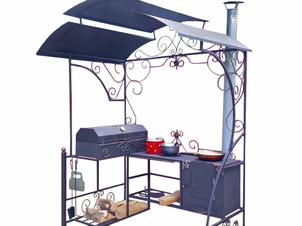 Мангал с крышей "Восток", сталь, 160 см x 125 см x 235 см, черный