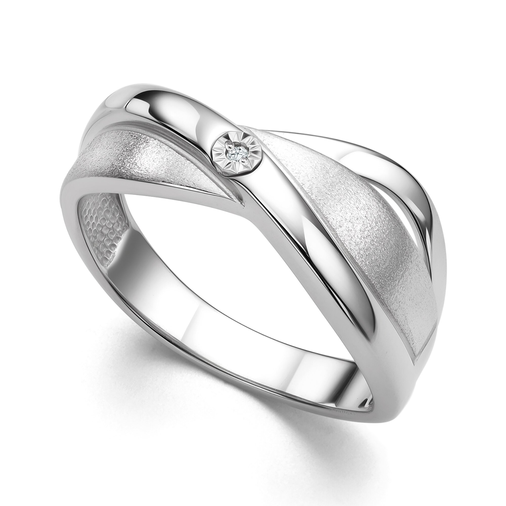 Кольцо широкое, серебро, 925 проба, родирование, бриллиант