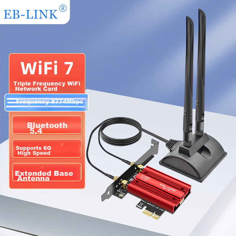 EB-LINK BE200 Chip PCI-E Wireless Network Card, Extended Antenna Base, Bluetooth 5.4, Desktop Computer Built-In WiFi 7 Tri-Band, 8744M Gigabit 6G Network Card, E-Sports Gaming Network Card