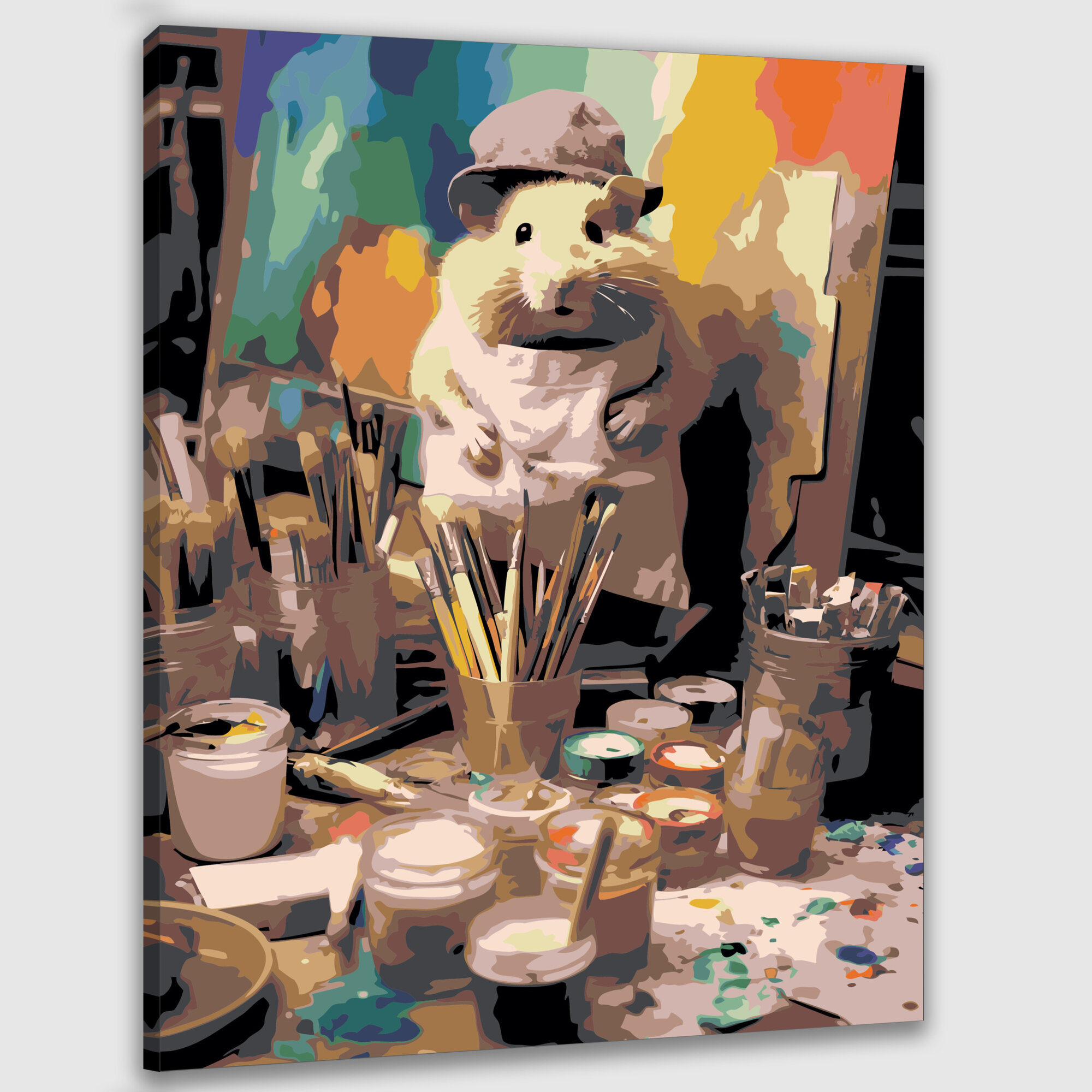 Картина по номерам 40x50 см, акварель, иллюстрация, художник-хомячок, беретка, кисточка, холст, тюбики с красками