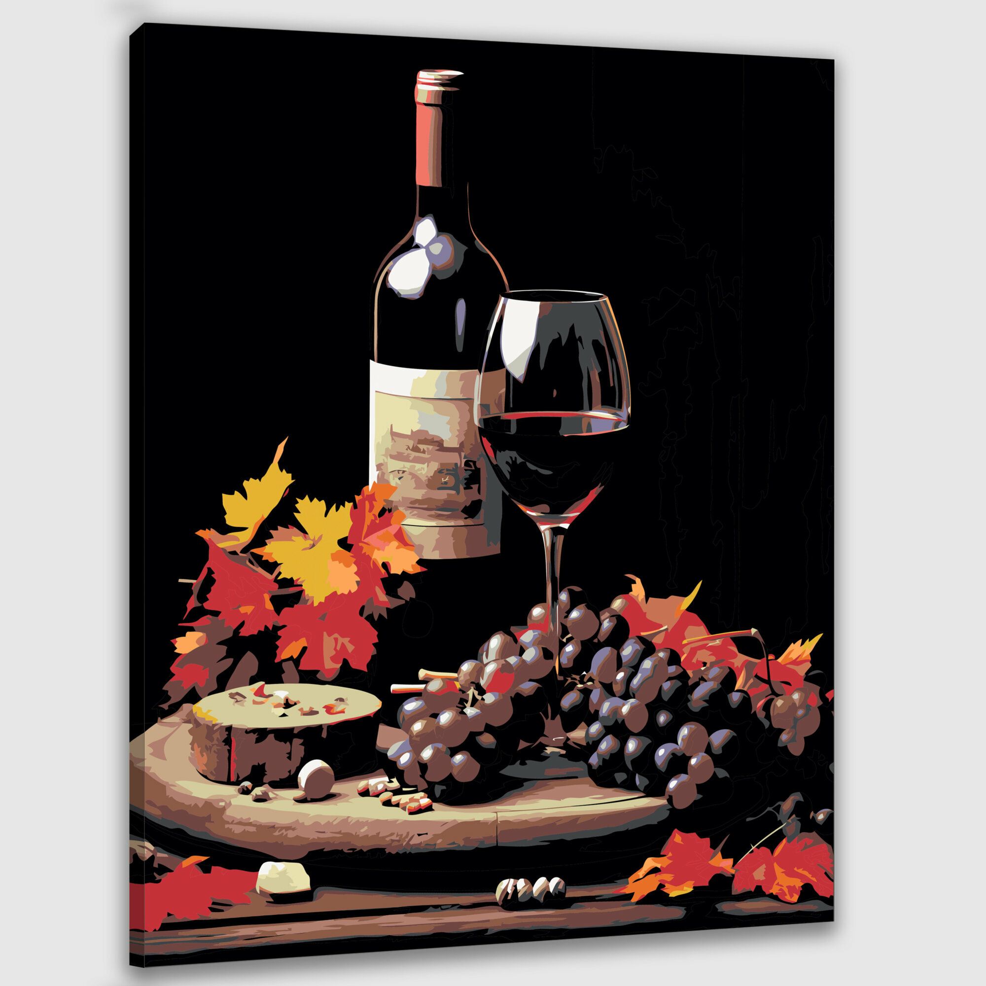 Картина по номерам 40x50 см, деревенский стол, бутылка вина, виноград, осенние листья, тепло, уют, вкус, аромат