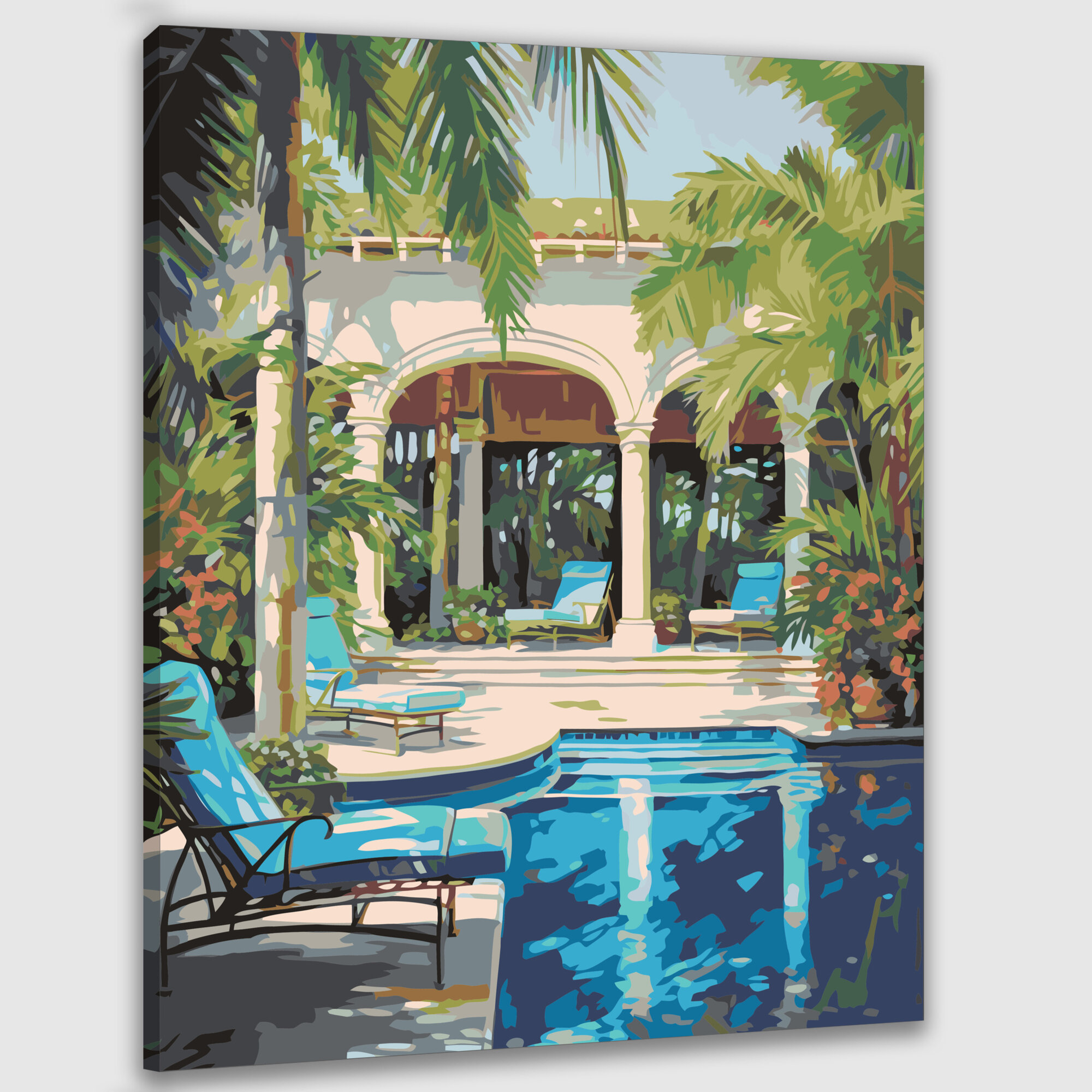 Картина по номерам 40x50 см, картина маслом, тропический оазис, пальмы, пышные листья, тени, бирюзовый бассейн