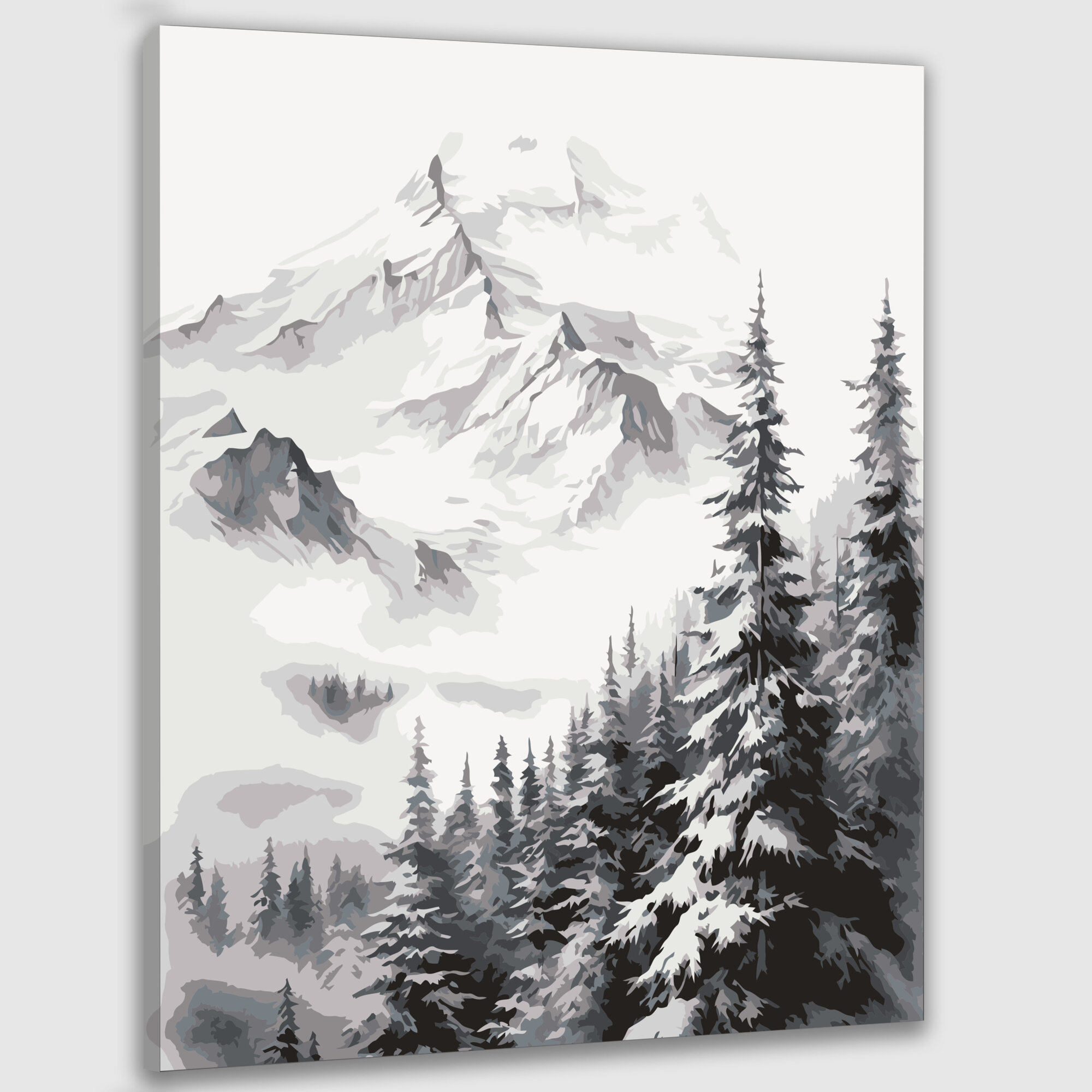 Картина по номерам 40x50 см, горная вершина, сосны, снег, карандашный набросок, заснеженный пейзаж, природная красота
