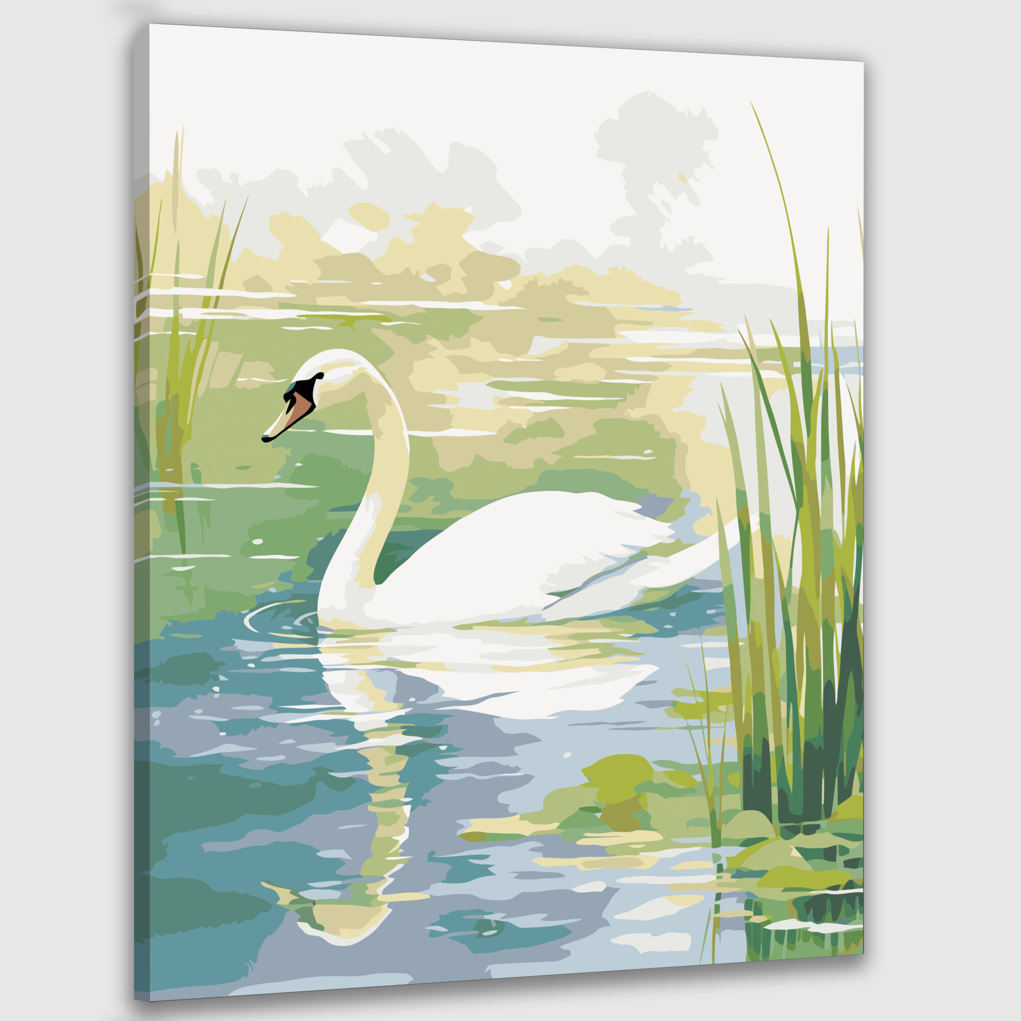 Картина по номерам 40x50 см, акварельная иллюстрация, гусь, озеро, зелень, камыши, яркие цвета, нежные мазки, жизнь