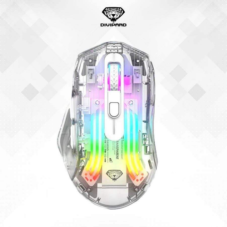 Мышь игровая Divipard Q19, RGB, перезаряжаемая, беспроводная, прозрачная, белая