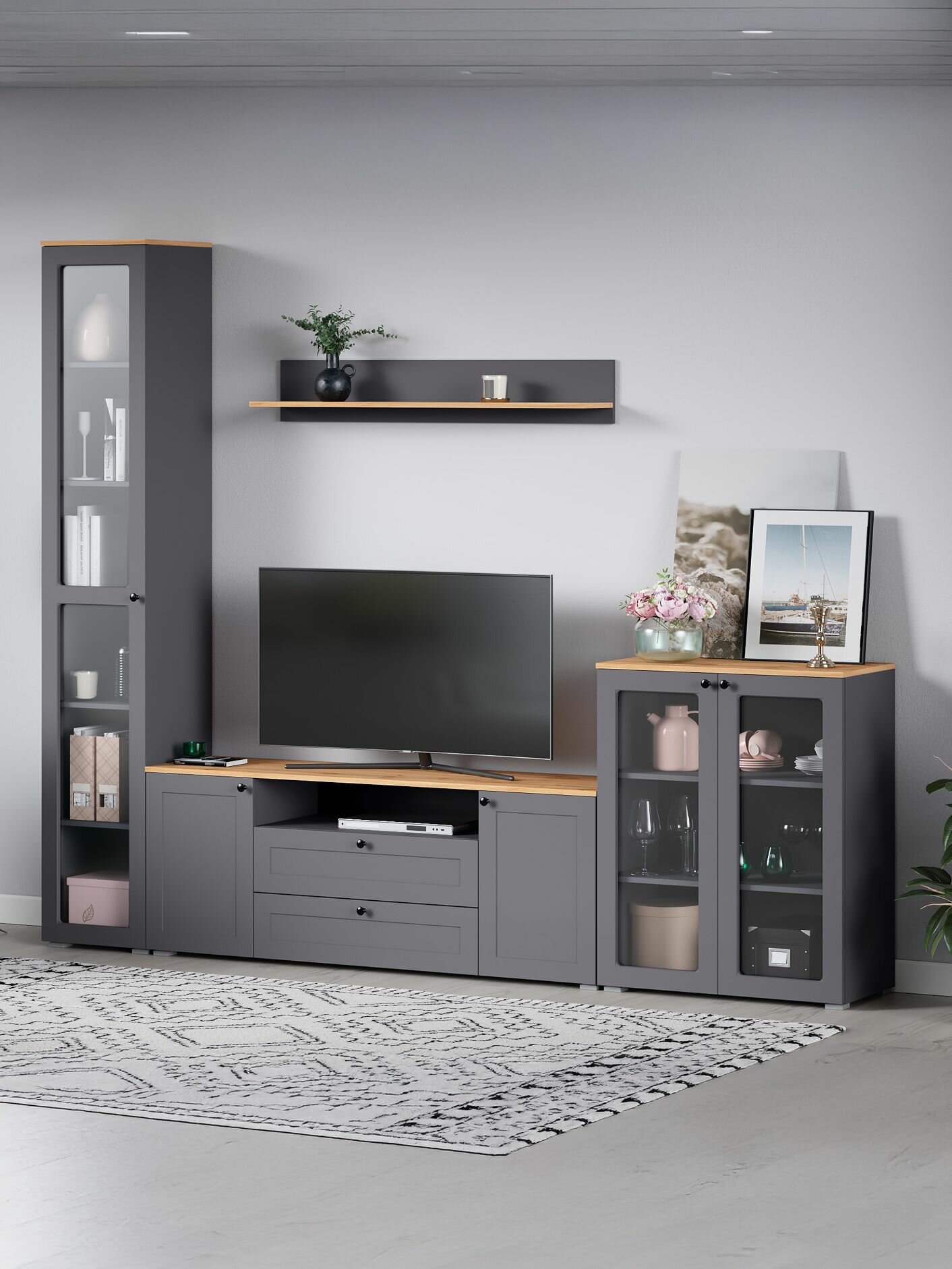 ARNIKA Стенка в гостиную Валенсия, тумба под телевизор, шкаф пенал, витрина, 280х41.9х229.6 см, серый графит