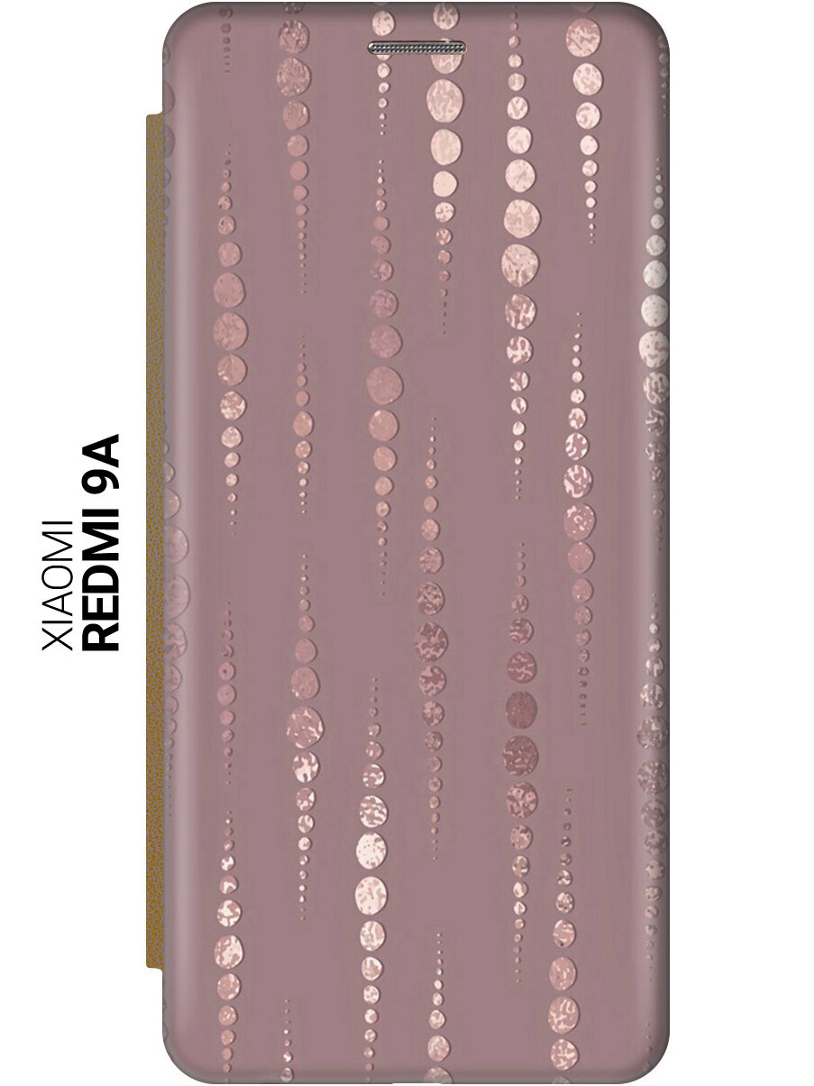 Чехол-книжка на Xiaomi Redmi 9A, Сяоми Редми 9А с 3D принтом "Монеты в розовых песках" золотой