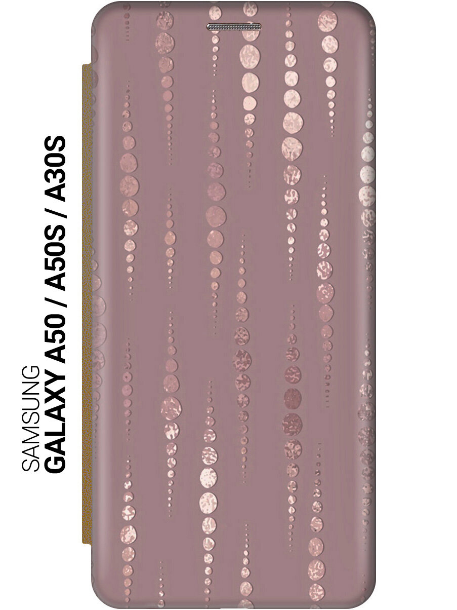 Чехол-книжка на Samsung Galaxy A50, A50s, A30s, Самсунг А50, А30с, А50с с 3D принтом "Монеты в розовых песках" золотой