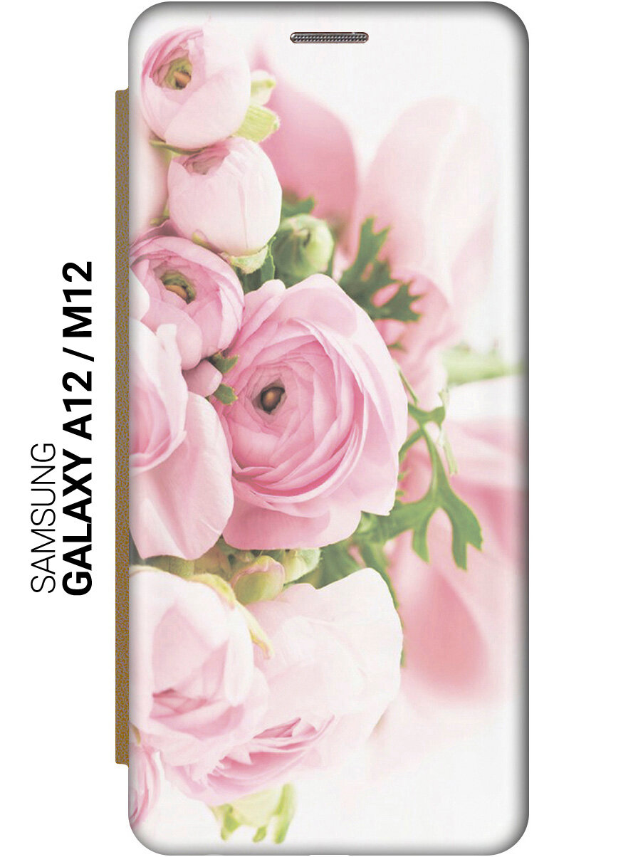 Чехол-книжка на Samsung Galaxy A12, M12, Самсунг А12, М12 с 3D принтом "Розовые розы" золотой
