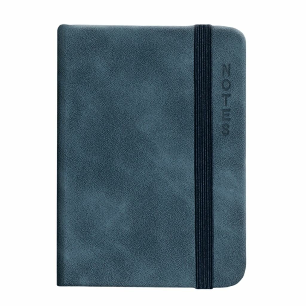 Цветной кожаный блокнот формата а7 на бумажном носителе с ремешком на ощупь-серо-синий