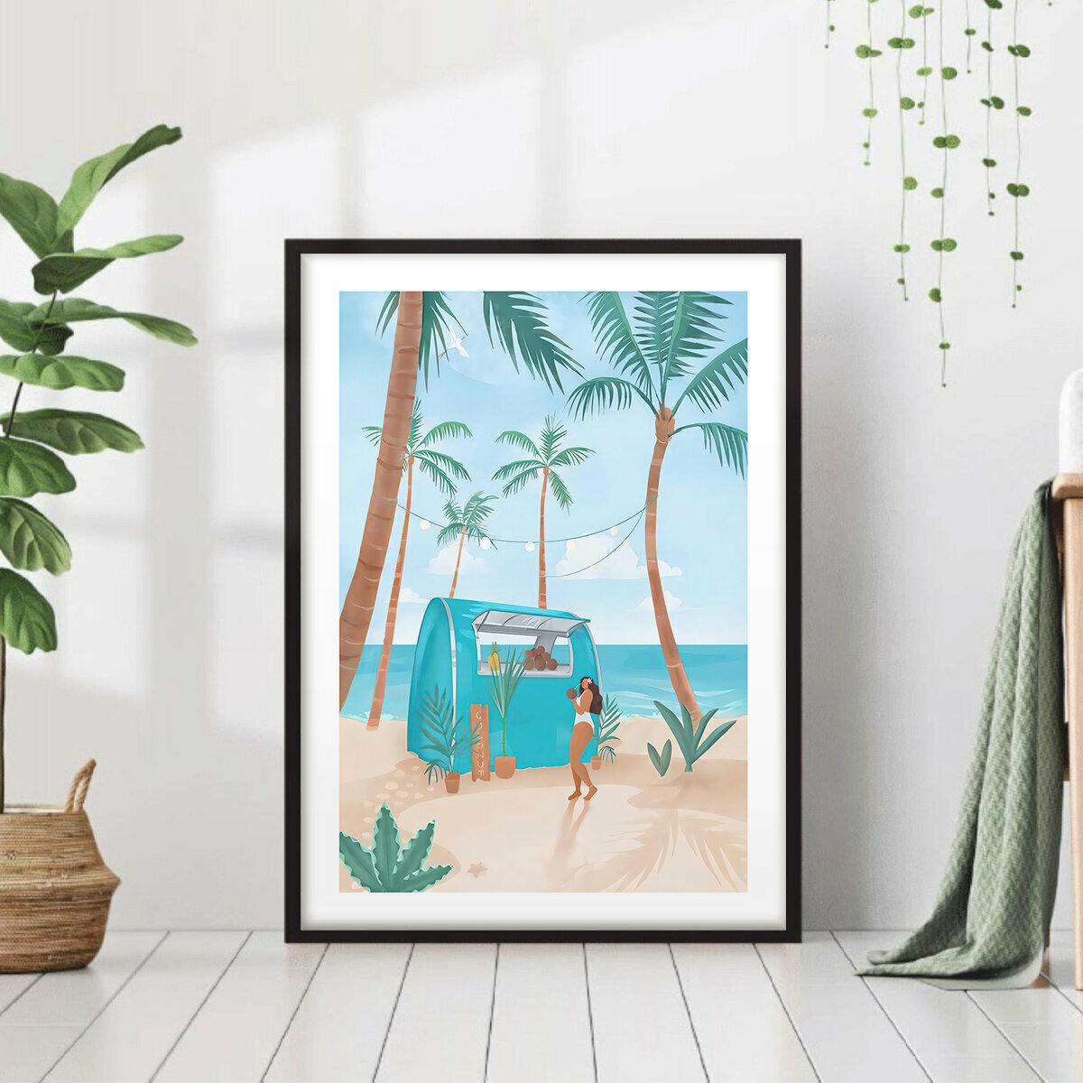 Постер "Девушка на пляже" в черной рамке 50х70 см для интерьера на стену