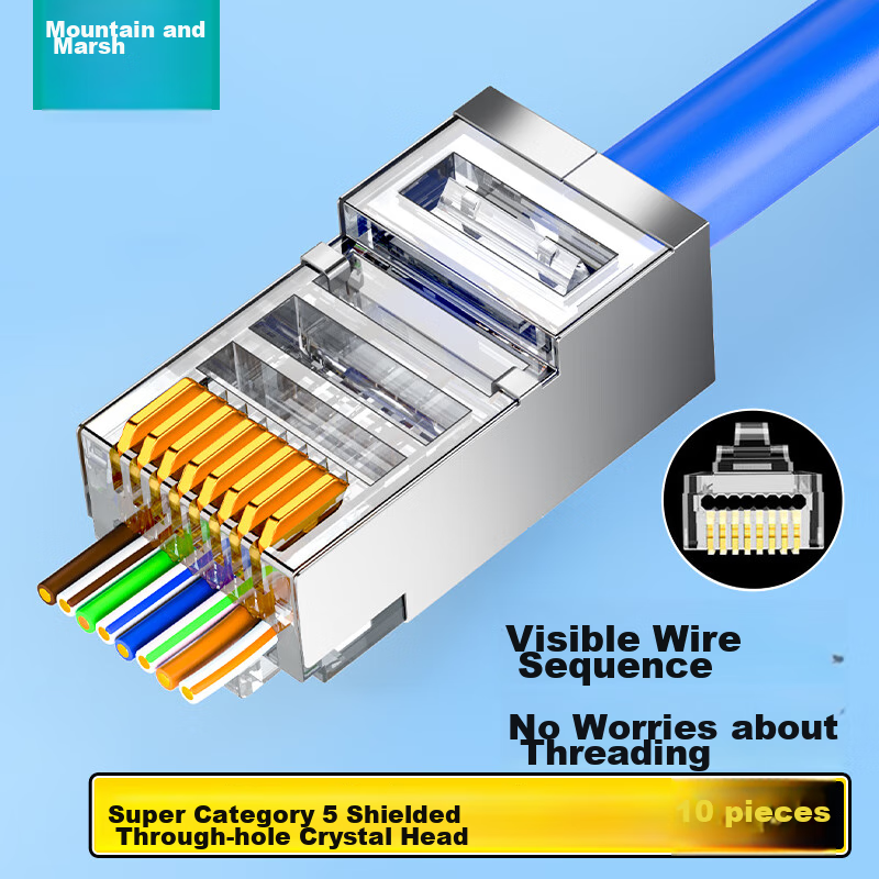 SAMZHE Cat5e Punch-Down RJ45 Connector, Gigabit Shielded Gold-Plated Computer Network Connector, Cat5e Engineering Through-Hole Crystal Head, 10 Pieces, PCKT510