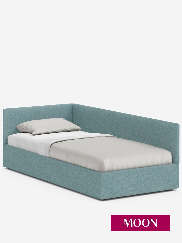 Кровать односпальная, подростковая, с подъемным механизмом, MOON FAMILY 1250, размер 90х200 см, рогожка бирюзовая, ящик для белья, левая боковая спинка. Ортопедическое основание в комплекте