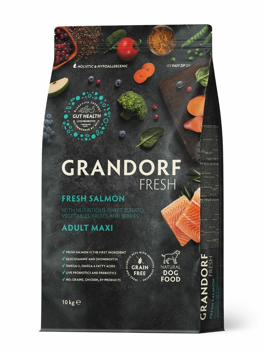 GRANDORF FRESH Adult Maxi Сухой корм для взрослых собак крупных пород, свежее филе лосося с бататом - 10 кг