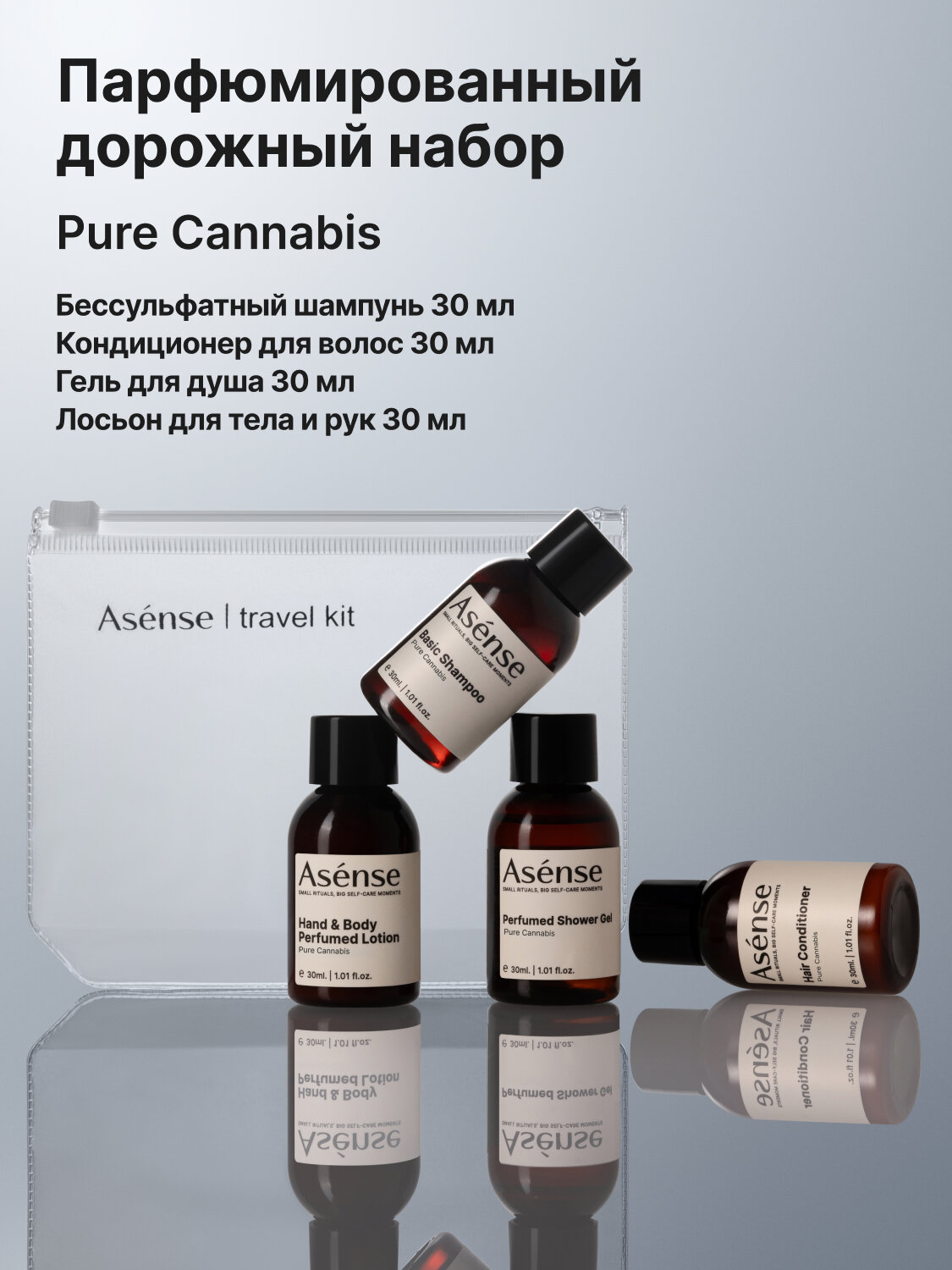 Дорожный набор парфюмированной косметики ASENSE в матовой косметичке Pure Cannabis 4*30 мл.