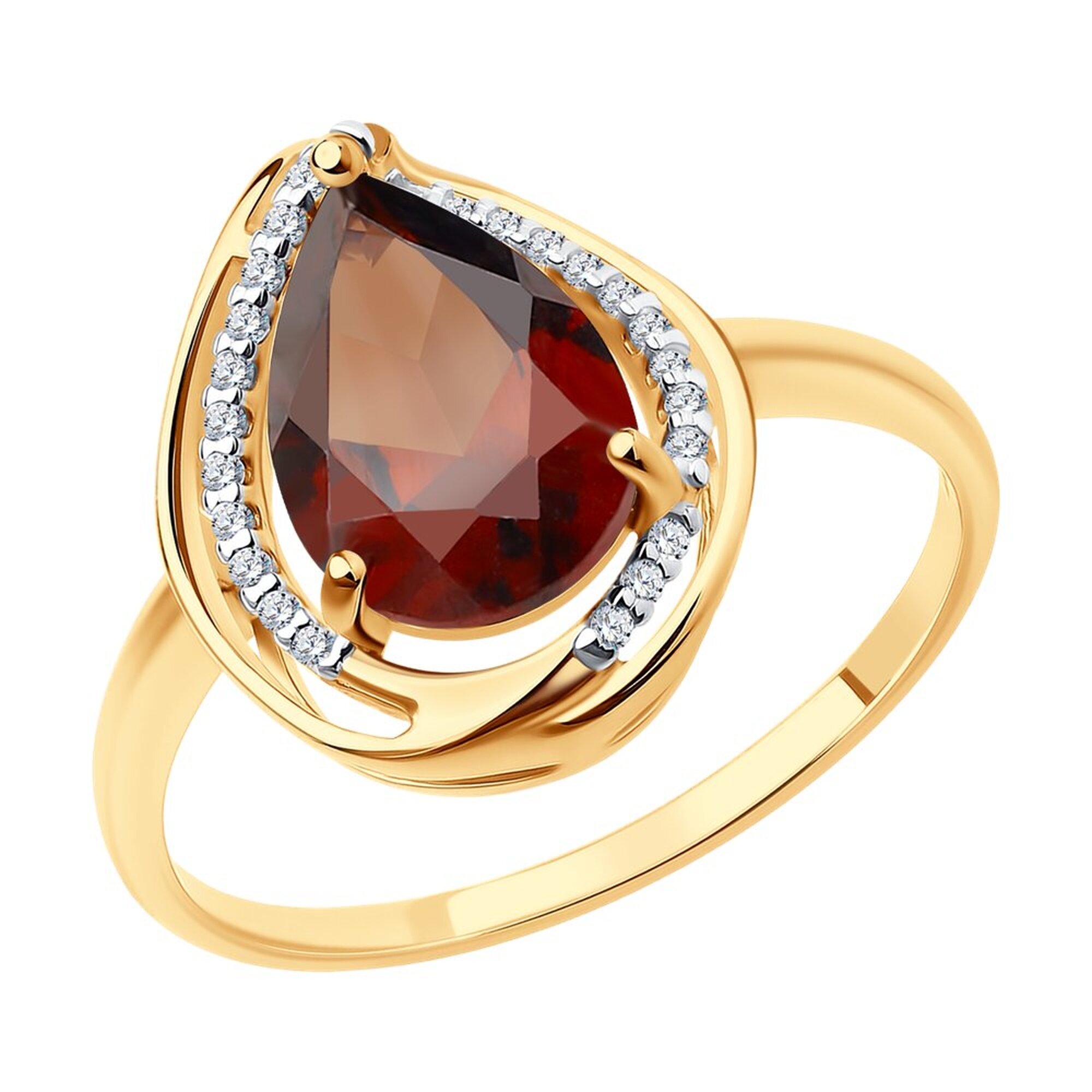 Кольцо, красное золото, 585 проба, гранат, фианит