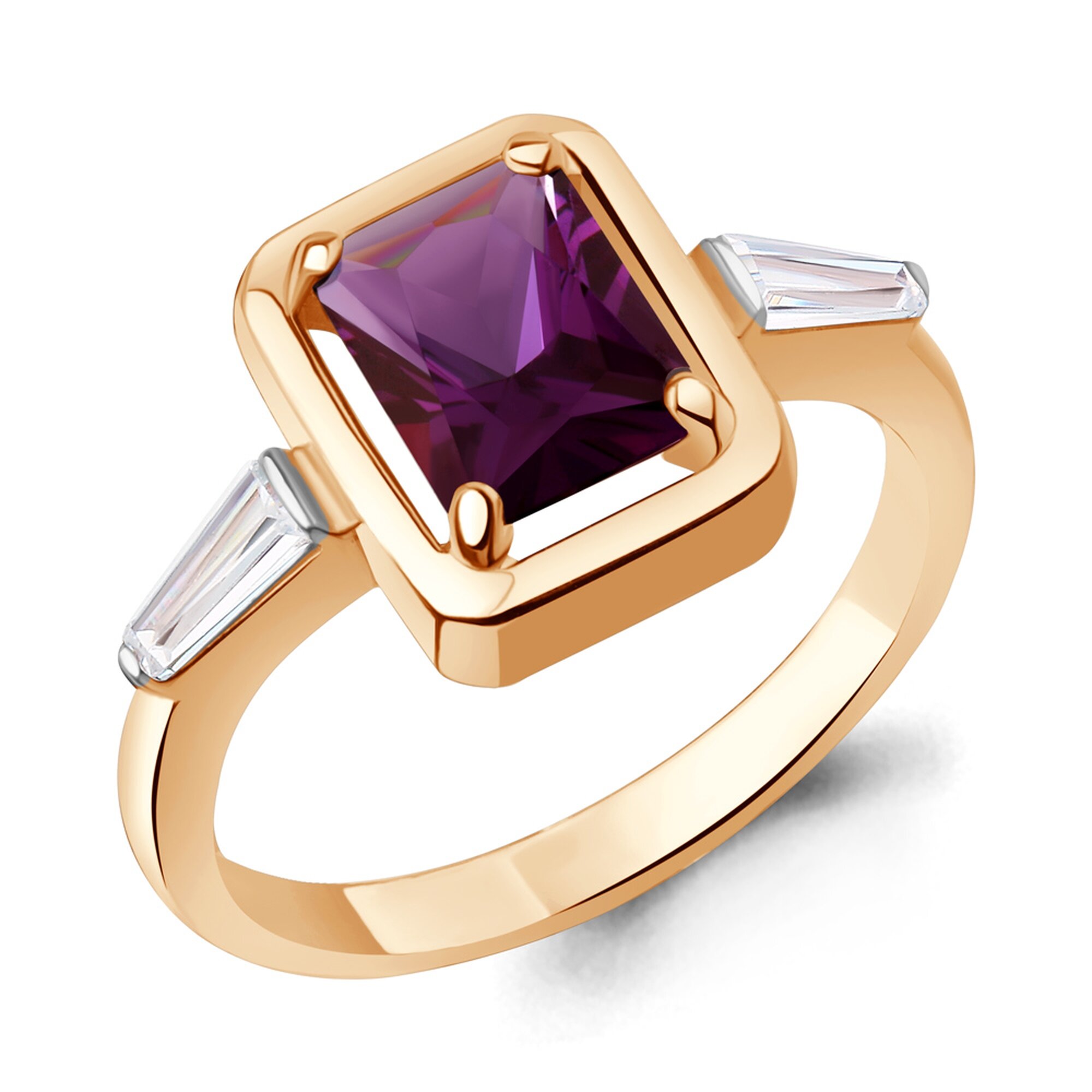Кольцо, серебро, 925 проба, золочение, аметист, фианит