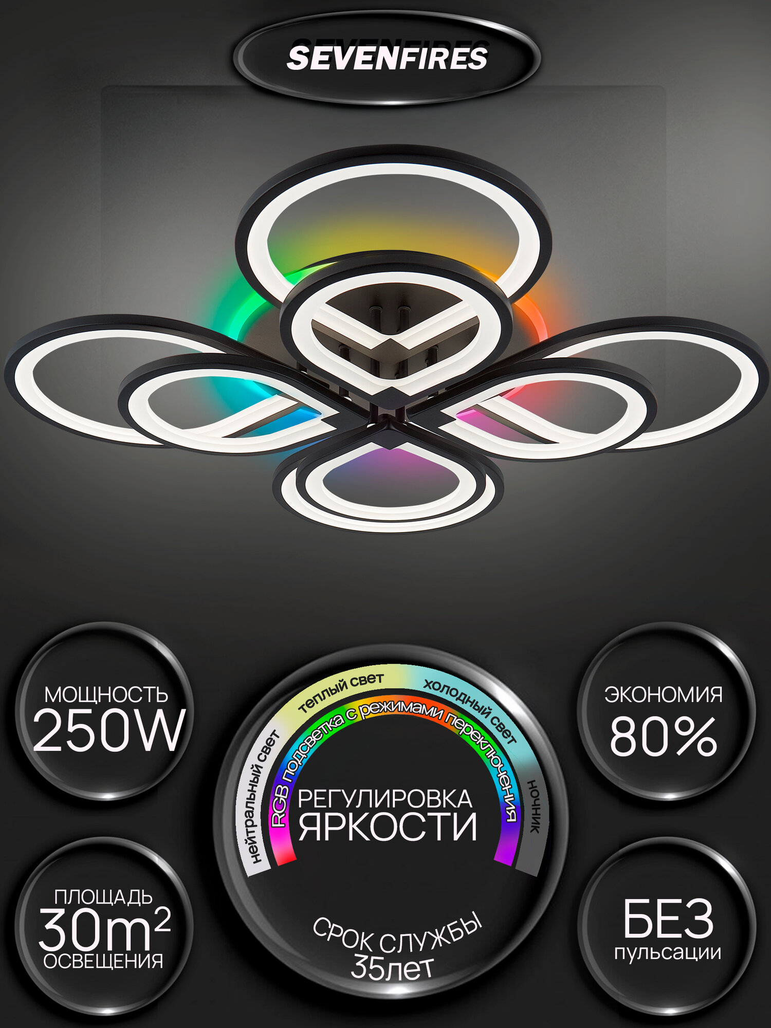 Семь Огней Люстра потолочная светодиодная для спальни, для кухни, до 30 кв. м.