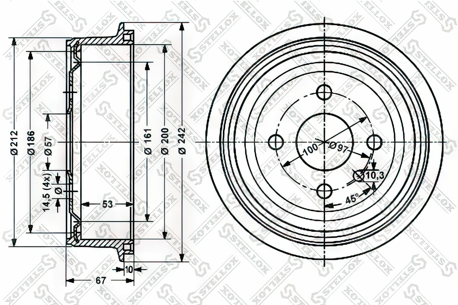 Барабан тормозной задний 2 шт для Дэу Cielo, Лачетти, Нексия, Опель Астра F, G 6025-9905-SX STELLOX