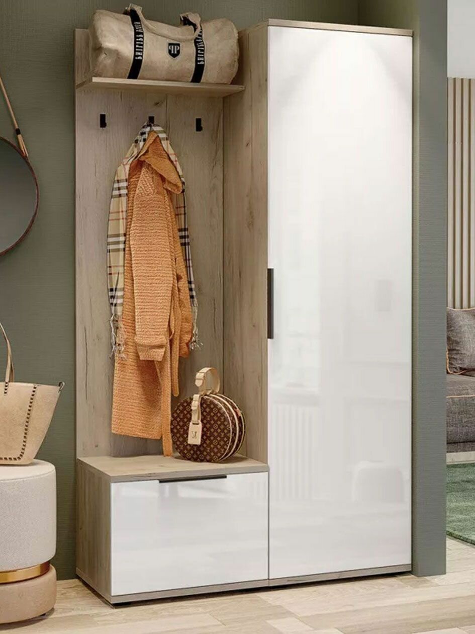 Прихожая комплект Элвин с вешалкой, со шкафом, с обувницей, 118х43.3х204.2 см, Дуб Крафт / Белый глянец