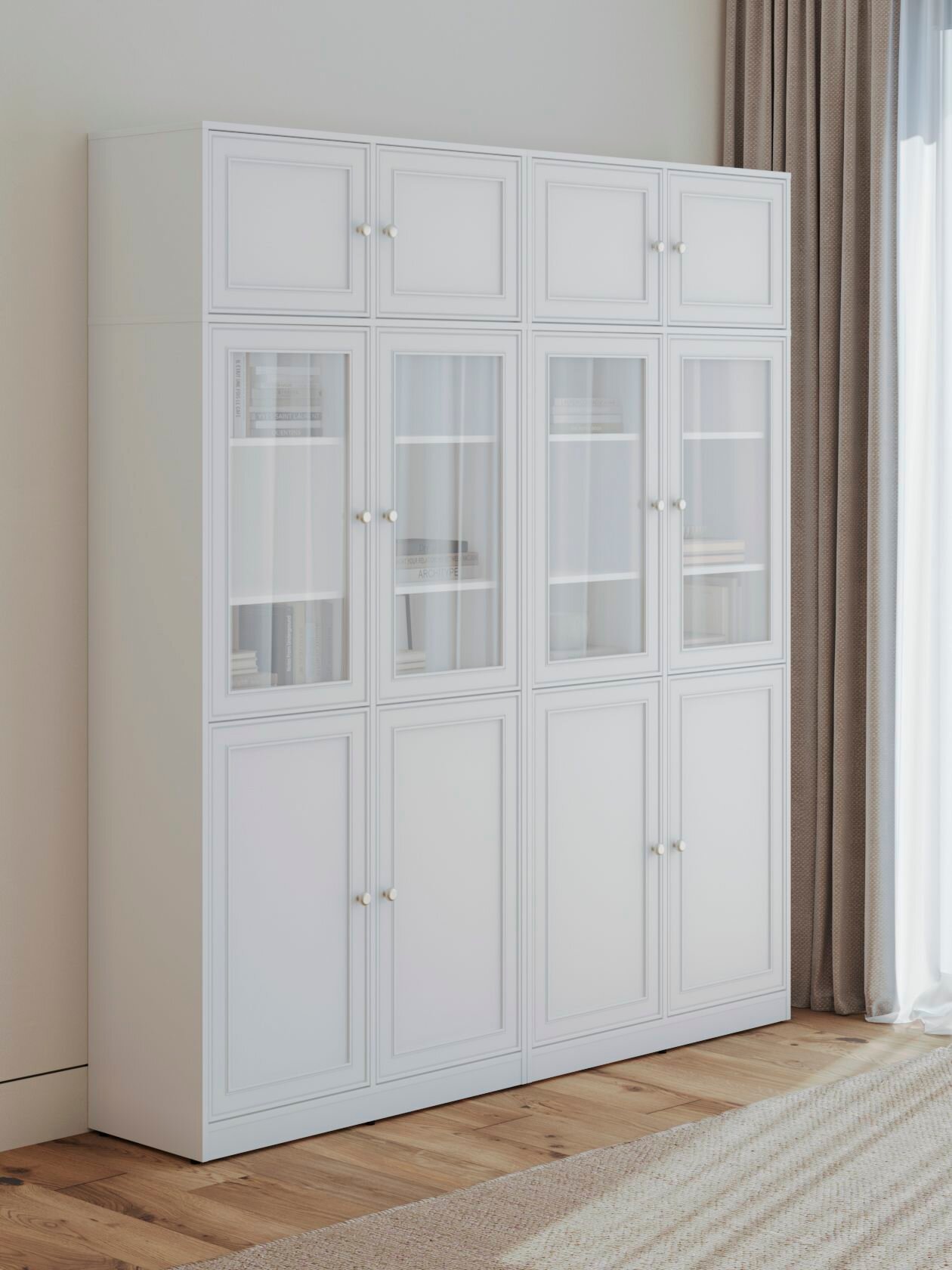 Гостиная комплект Люсиль шкаф-витрина, антресоль 197.2х40.1х221.8 см, Белый арктик