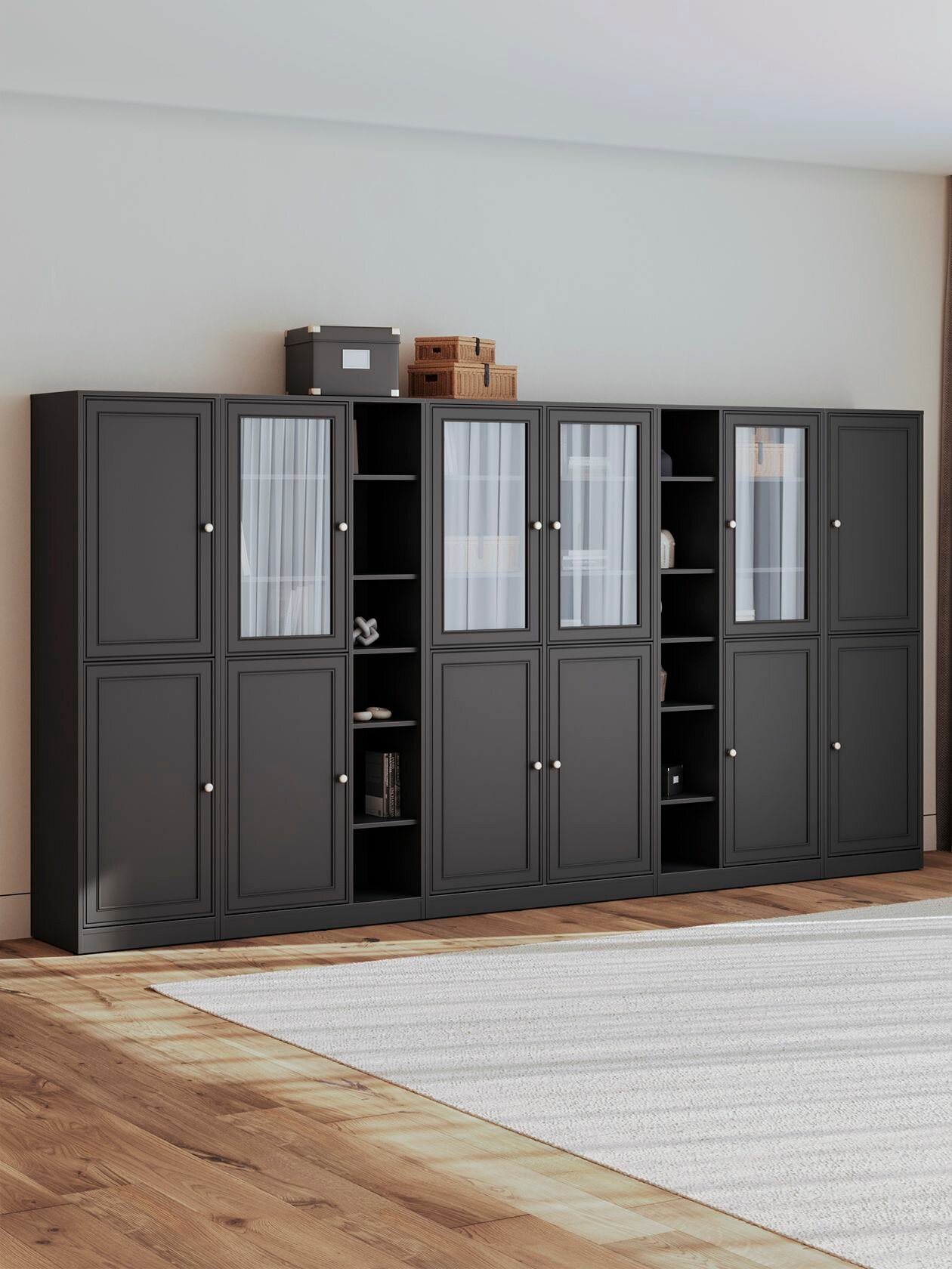 Гостиная комплект Люсиль Макси шкаф-витрина, шкаф 356.2х40.1х180.6 см, Графит