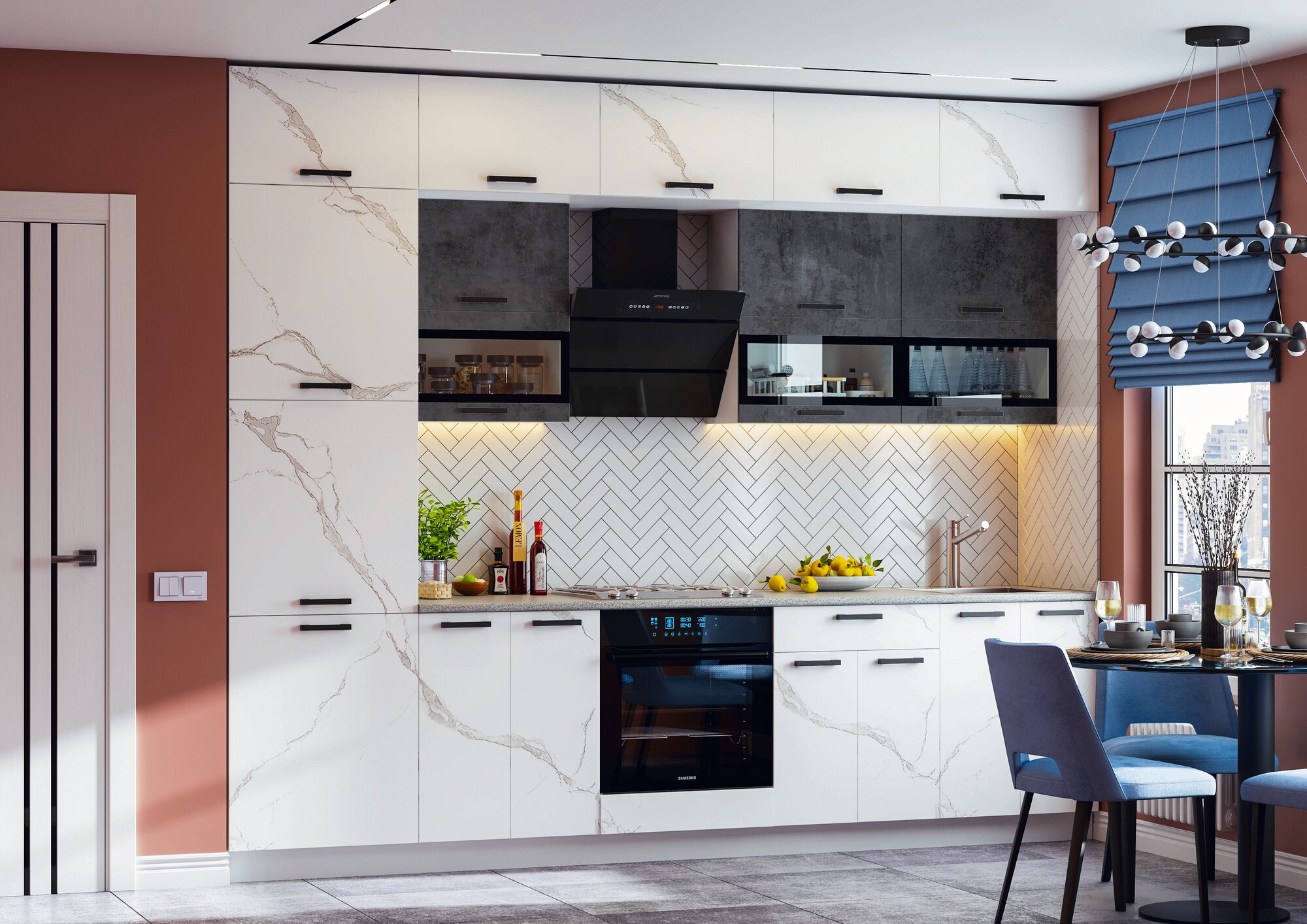 Кухня Техно 3м Компоновка №2 (Мрамор белый софт/Бетон графит (Антарес)) (Миф)