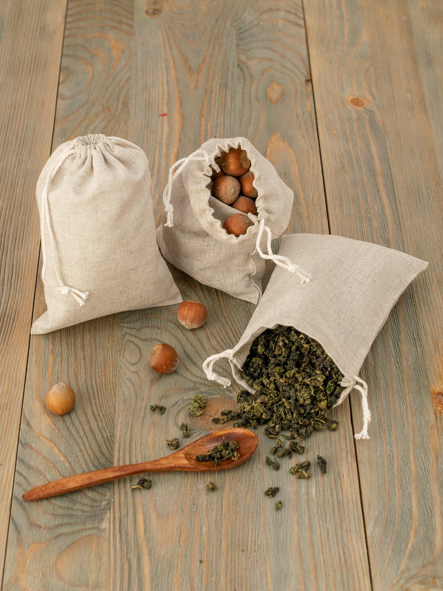 Мешочки Eco-pack-bag, хлопок-лён, без рисунка, 10x15 см, 5 шт, бежевые