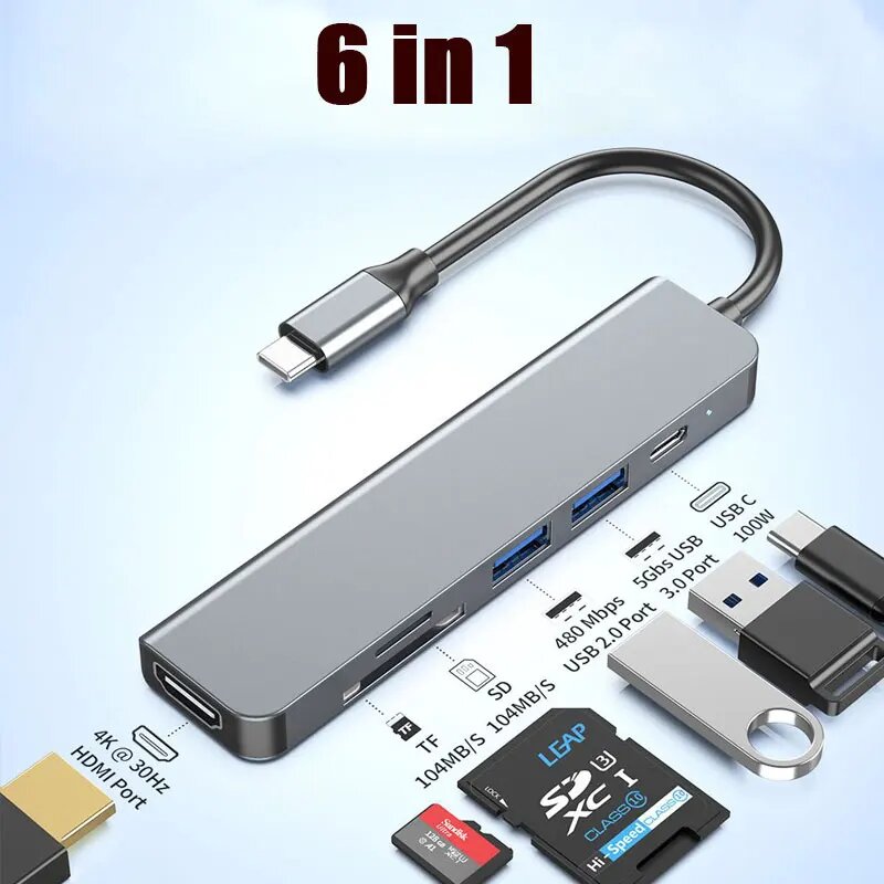 ULOOPKY 5-портовый USB C хаб для MacBook iPad Samsung 6 in 1