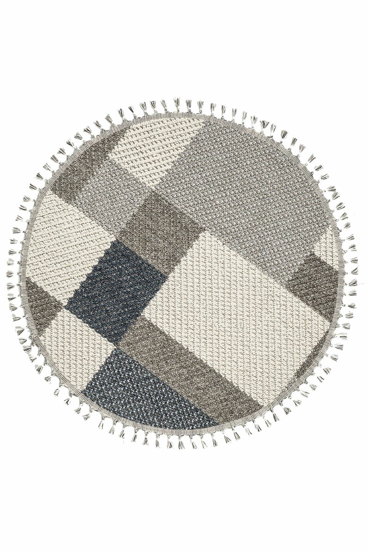 Ковер Cool Hali Bress 1403 Круглый тканый ковер 100x100 см с геометрическим узором, в скандинавском стиле, цвета агатовый серый; плетеная текстура, петлевой узор