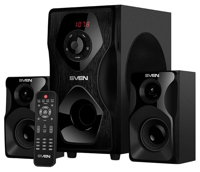 Акустическая система 2.1 SVEN MS-2055 мощность (RMS):30Вт + 2x12.5 Вт, FM-тюнер, USB/SD, дисплей, пульт ДУ, Bluetooth черный