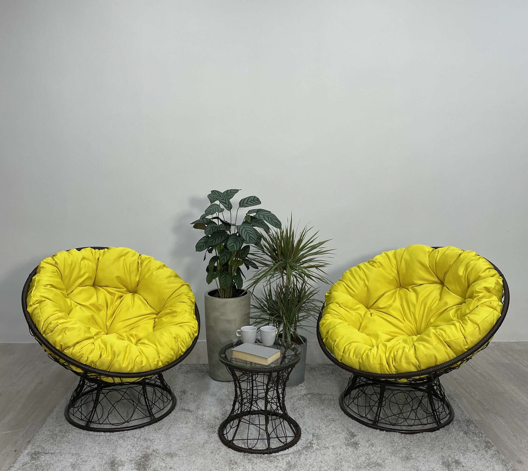 Набор садовый папасан плюс коричневый 2 кресла, столик, 2 подушки (желтый, полиэстер)