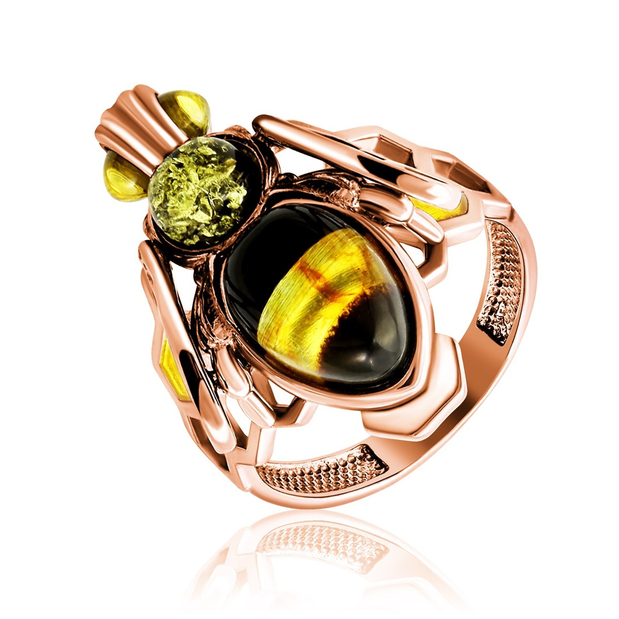 Кольцо, серебро, 925 проба, золочение, янтарь