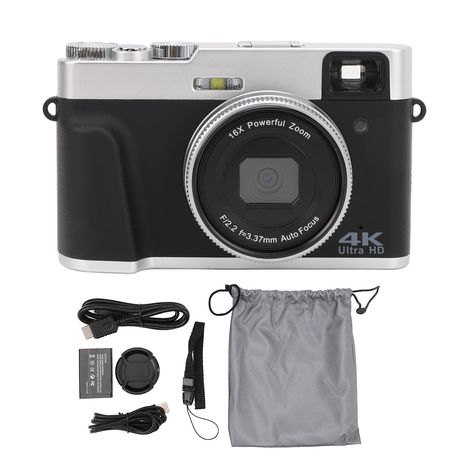 Цифровая камера 4K, 48 Мп, 16-кратный оптический зум, 2,8-дюймовый IPS-экран, защита от сотрясений, автофокус, видеокамера для путешествий, для взрослых и детей, черная