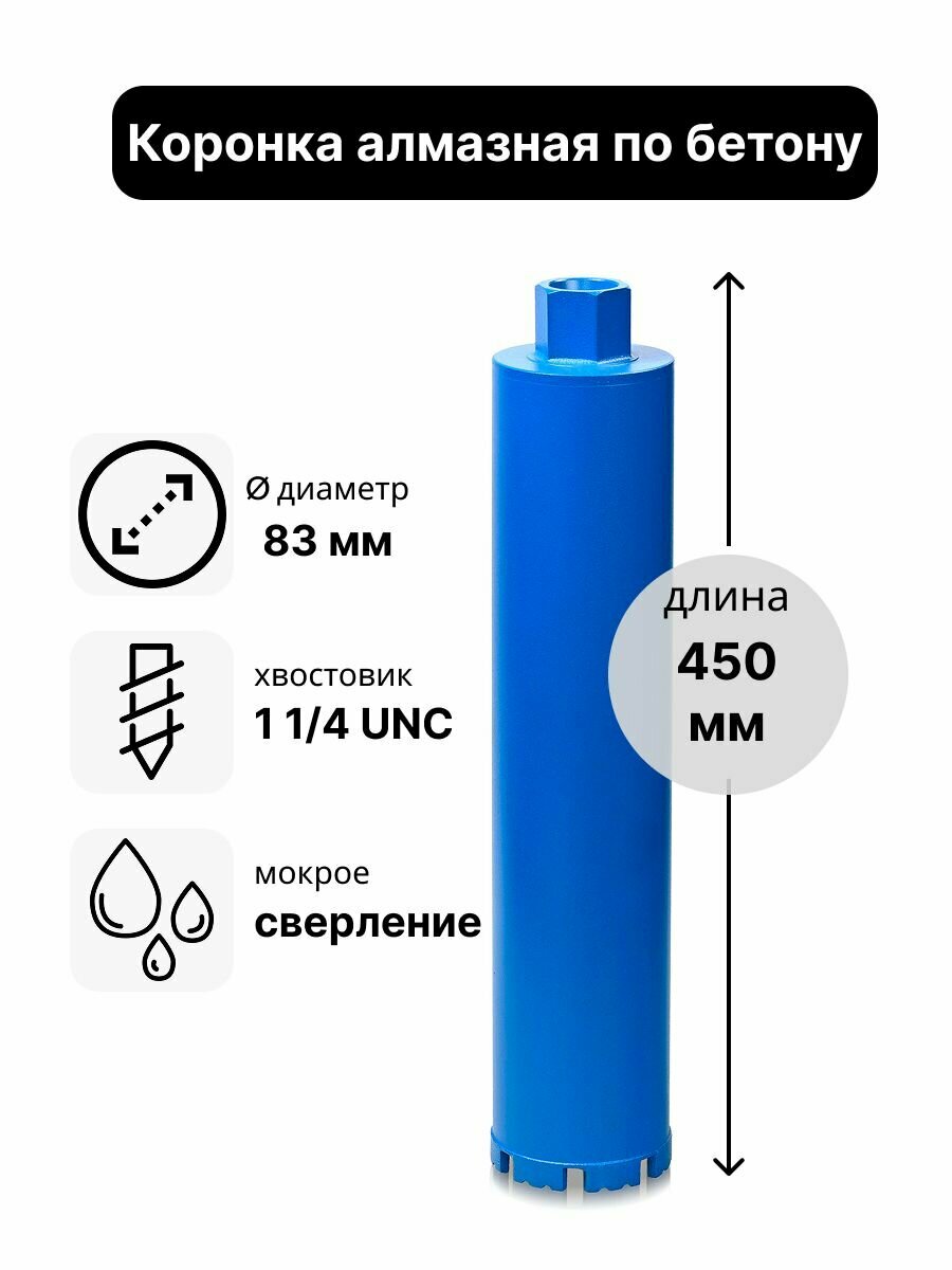 Коронка алмазная по бетону 83 х 450 мм 1 1/4 UNC мокрый рез, для сверления железобетона и кирпича, бур сверло по бетону