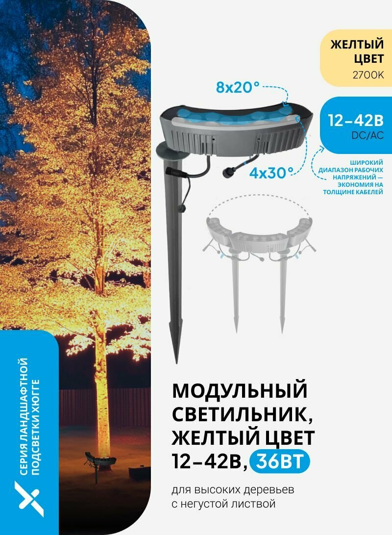 Светильник-прожектор для деревьев с высокой кроной 36Вт, 24-42В, со стойкой основанием, Pro-Expert Hugge
