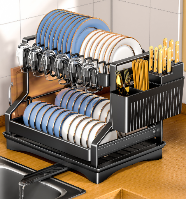 Сушилка для посуды, нержавеющая сталь, настольная, 2 яруса, с поддоном и сливом