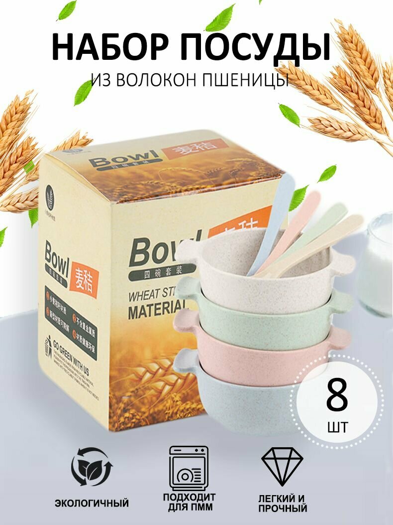 Детский набор мисок и ложек, 8 предметов.