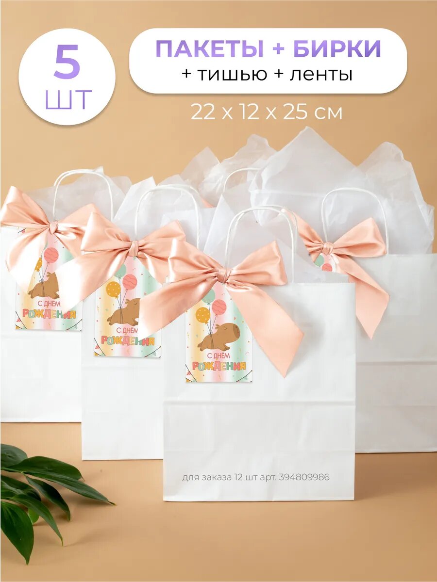 Подарочные пакеты бумажные с бантом, тишью и биркой набор 5 шт.