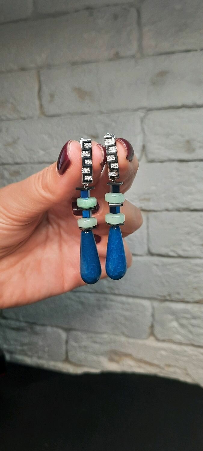 Серьги с подвесками, агат, нефрит, гематит