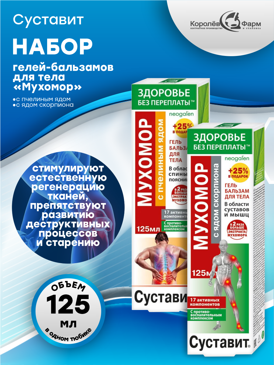 Набор Гель-бальзамов для тела Суставит Мухомор с пчелиным ядом + яд скорпиона по 125 мл.