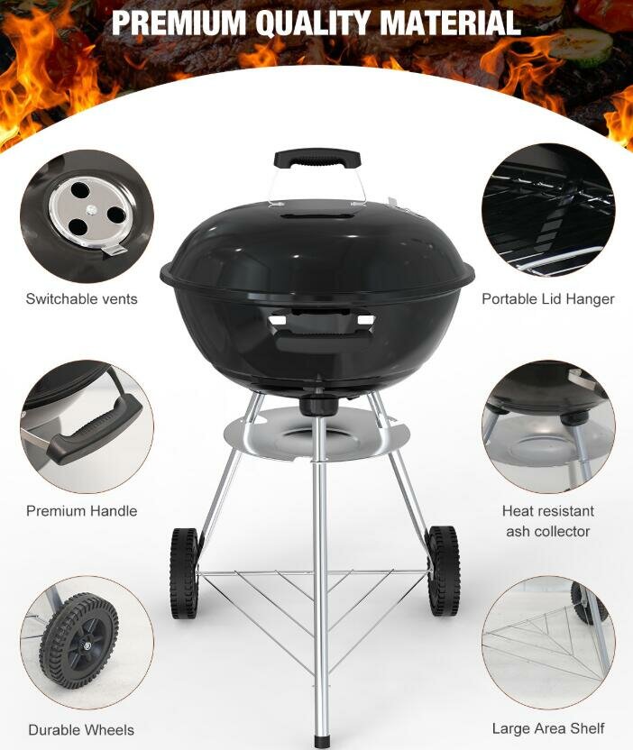 Гриль угольный круглый FREEPOSE, с колесами, диаметр решетки 55 X 44.5 X 76 см