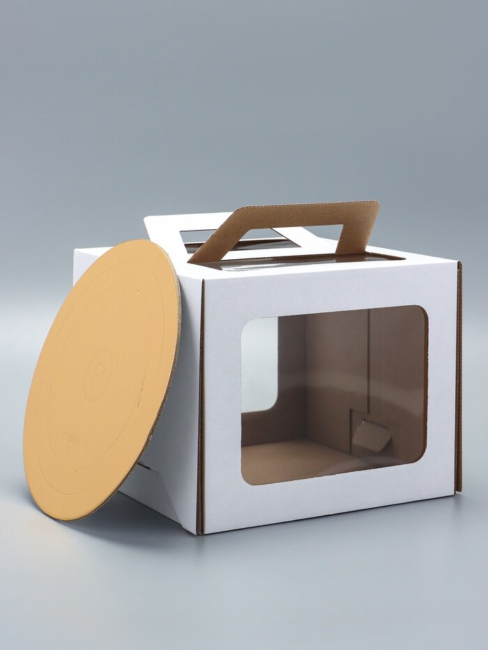 Коробка под торт 2 окна, с ручками, белая, + подложка 2.5 золото - белый, 24×24×20 см