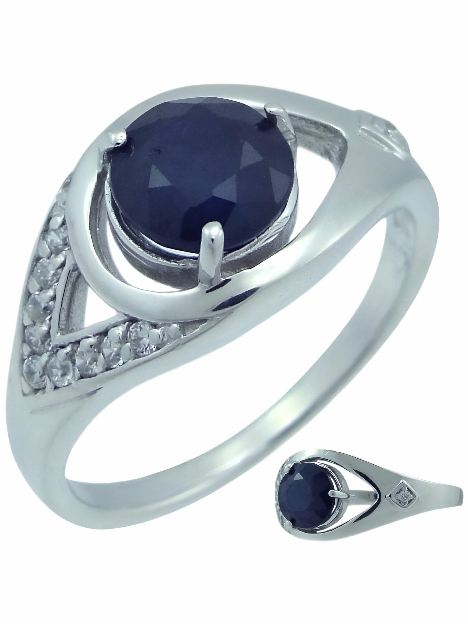 Кольцо тонкое, серебро, 925 проба, родирование, фианит, сапфир