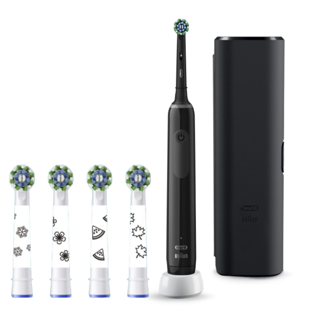 Подарочный набор электрическая зубная щетка Oral-B Pro 3 черная,дополнительные насадки Oral-B 4 шт, стикеры для насадок