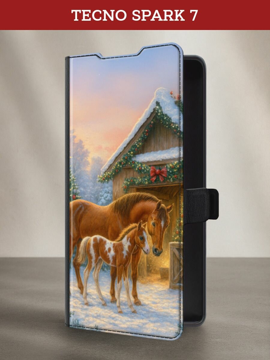 Чехол-книжка на Tecno Spark 7 / Текно Спарк 7 с рисунком Мама лошадь с жеребенком, черный